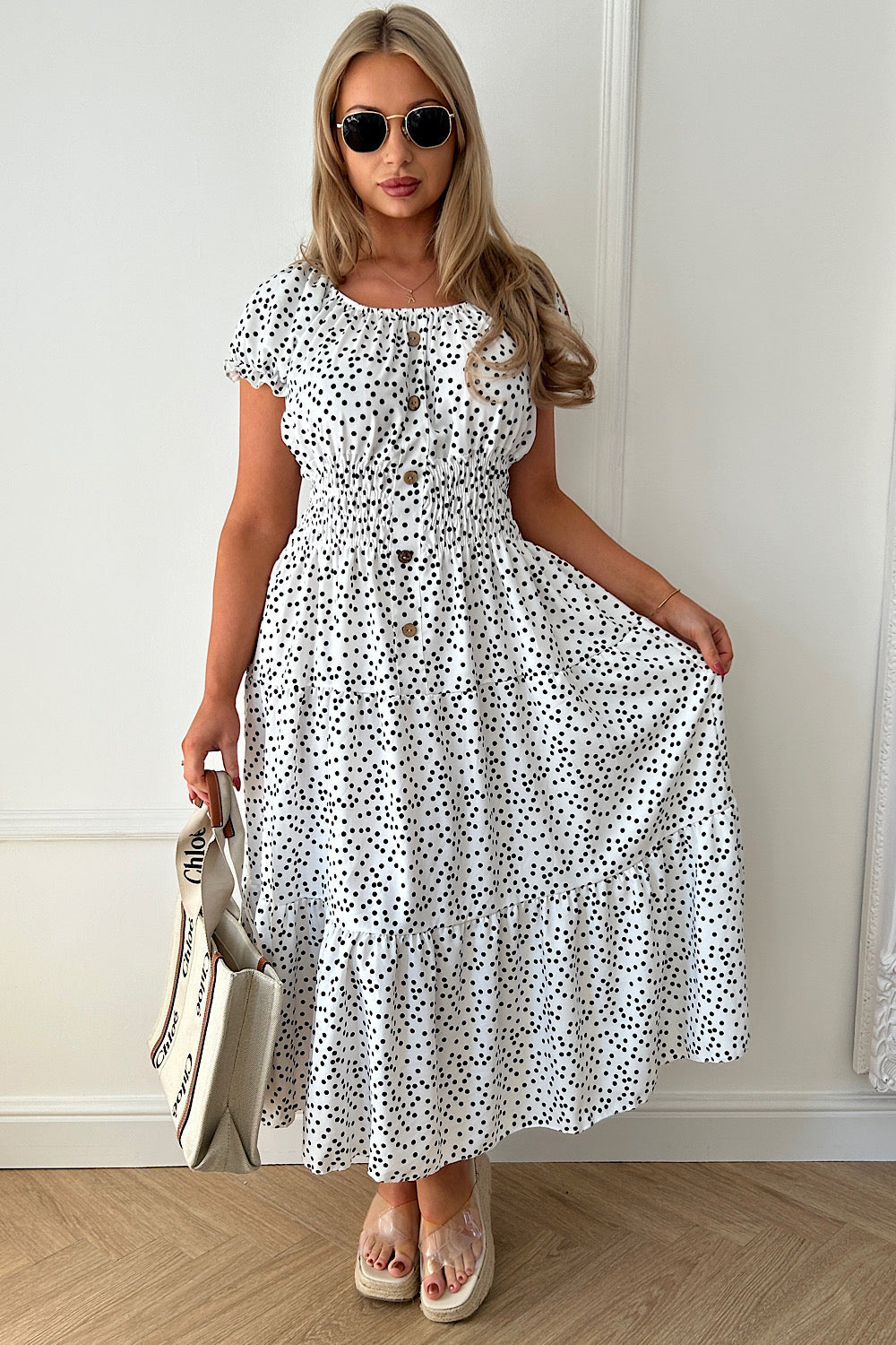 Sian White Polka Dot Button Maxi Dress – The Fashion Bible