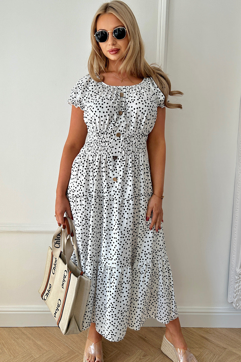 Sian White Polka Dot Button Maxi Dress – The Fashion Bible