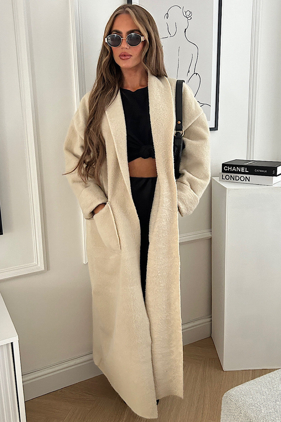 Demi Beige Fluffy Maxi Coat – The Fashion Bible